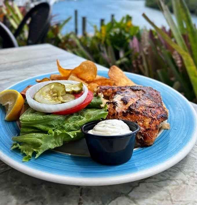 Perfectly grilled grouper with fresh vegetables that makes you wonder why anyone orders chicken at waterfront restaurants.