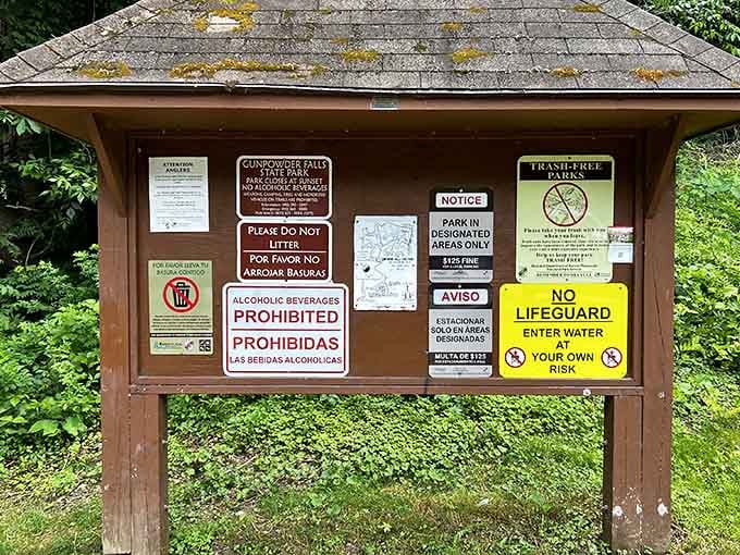 Park rules displayed with the kind of enthusiasm that says "we mean business, but we're still friendly about it."