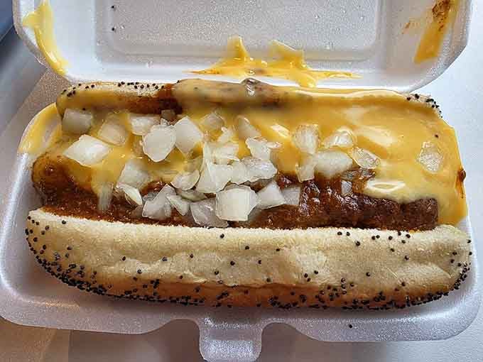 Chili, cheese, and onions on a hot dog&mdash;because sometimes you need to live dangerously at lunchtime.