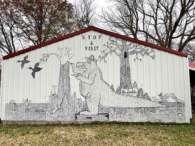 This whimsical mural invites you to "Stop & Visit," featuring artwork that celebrates the region's natural beauty and wildlife.