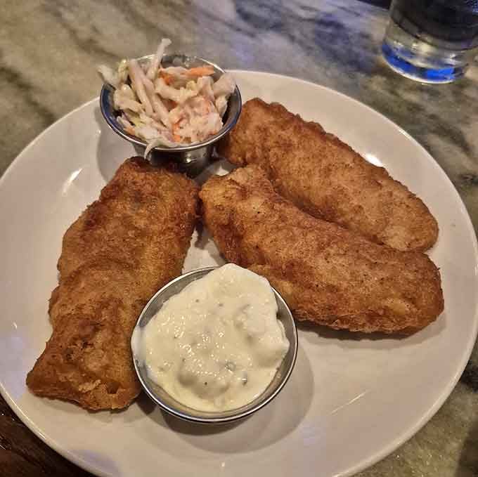 Golden-fried fish with a side of coleslaw and tartar sauce, because sometimes the classics are classic for good reason.