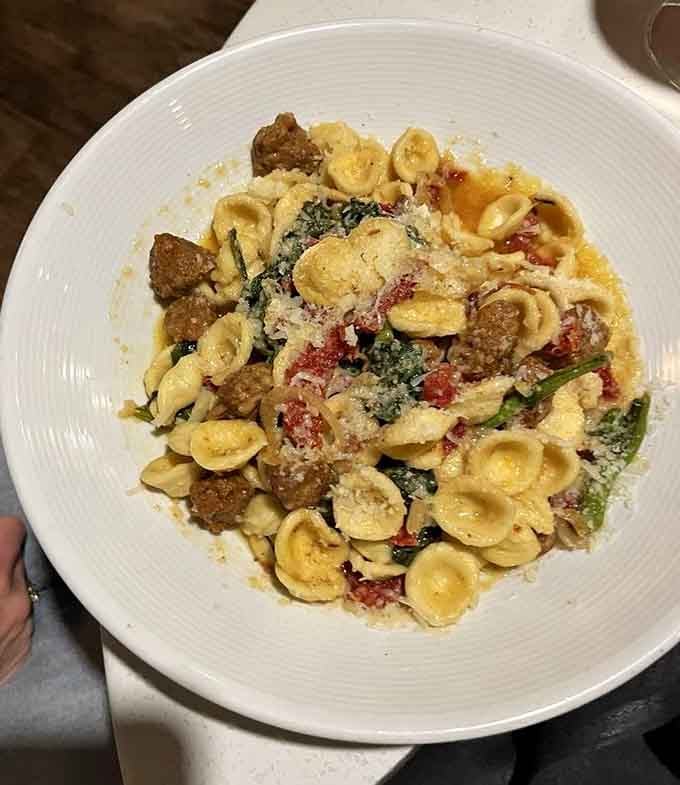 Orecchiette with sausage delivers that perfect pasta-to-everything-else ratio that makes Italian grandmothers nod approvingly from afar.