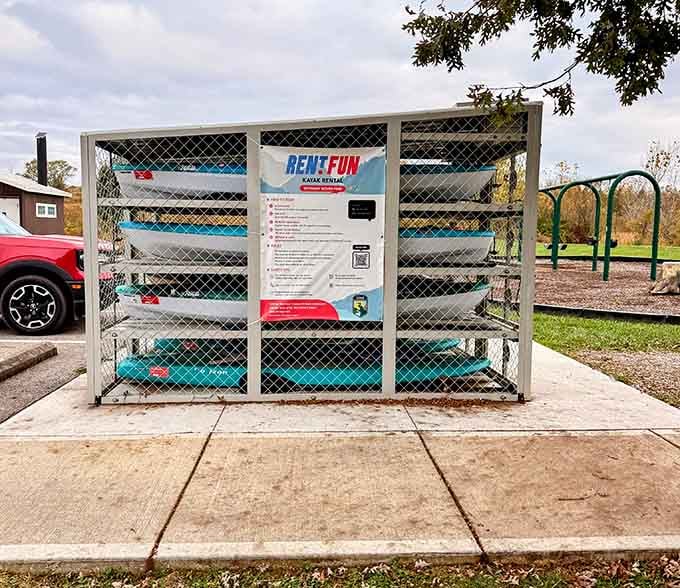 Modern recreation meets ancient wonder, because even time travelers need somewhere to store their kayaks between adventures.