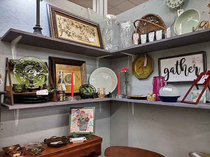 Shelves packed with vintage finds that would make Marie Kondo simultaneously nervous and oddly intrigued by the joy.