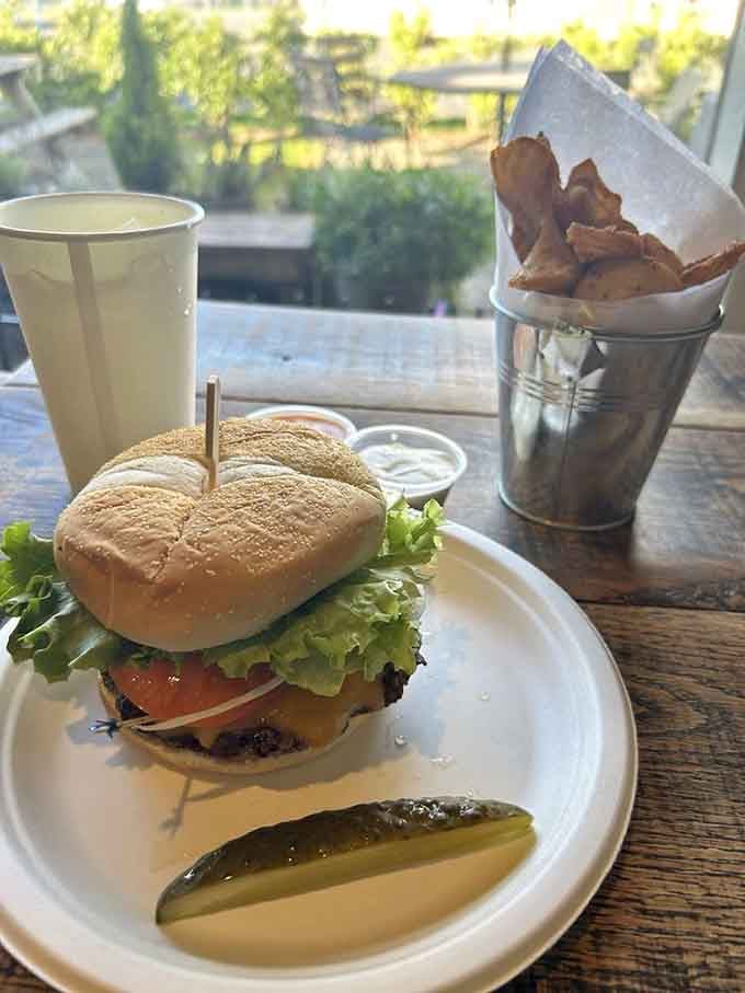 The Bison burger arrives ready to challenge your jaw's structural integrity in the best way possible.