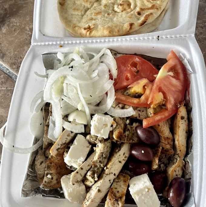 Fresh vegetables and perfectly seasoned chicken make this gyro a Mediterranean vacation for your taste buds.