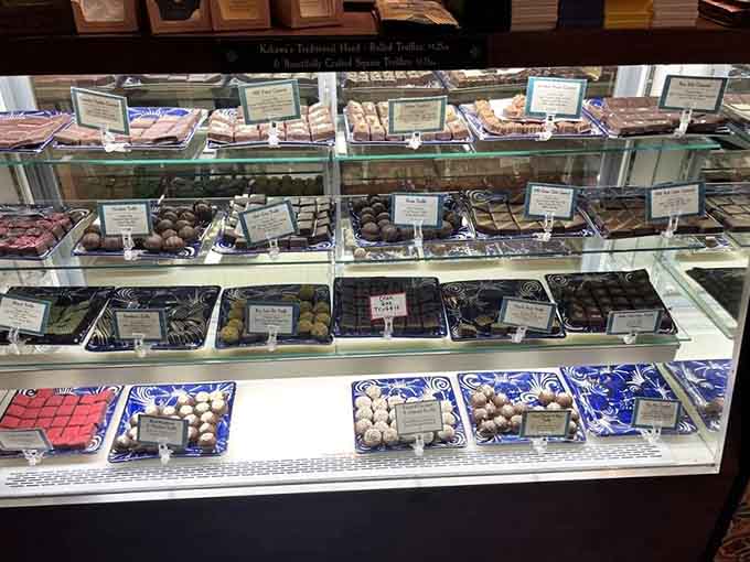 The truffle case displays handcrafted chocolates that look almost too beautiful to eat, but you'll manage somehow.