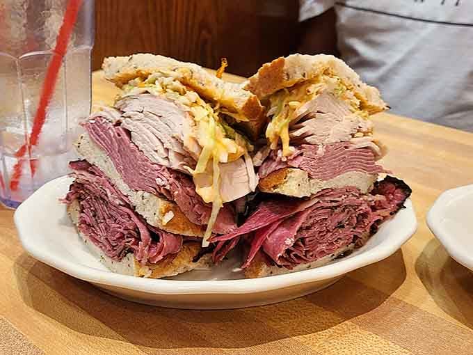 This pastrami tower could give the Leaning Tower of Pisa an inferiority complex about its structural ambitions.
