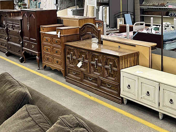 Rows of dressers in every finish imaginable line up like contestants on a home makeover show, each one a project waiting to happen.
