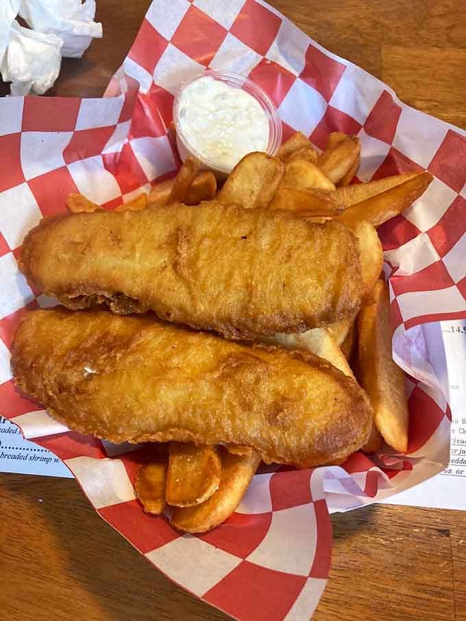 Golden, crispy fish and chips that prove you don't need an ocean view for proper seaside satisfaction.