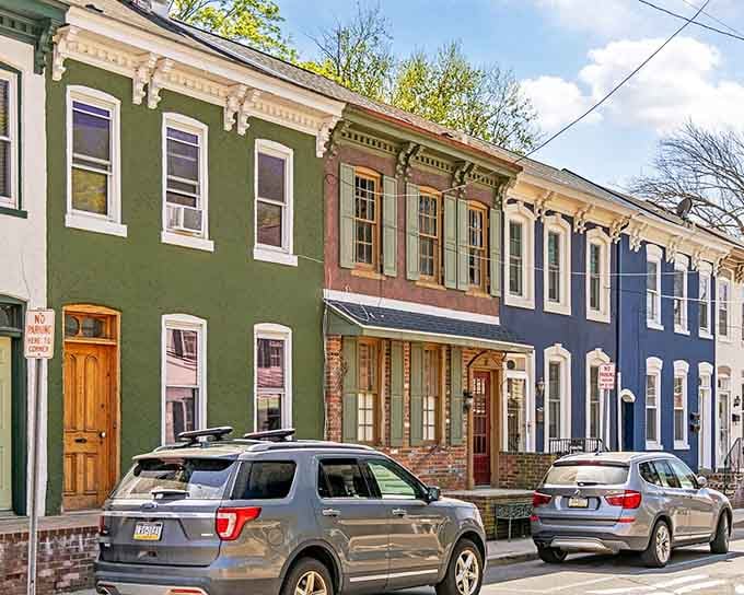 Row houses in greens and blues prove that conformity is overrated and paint stores are underappreciated community resources.