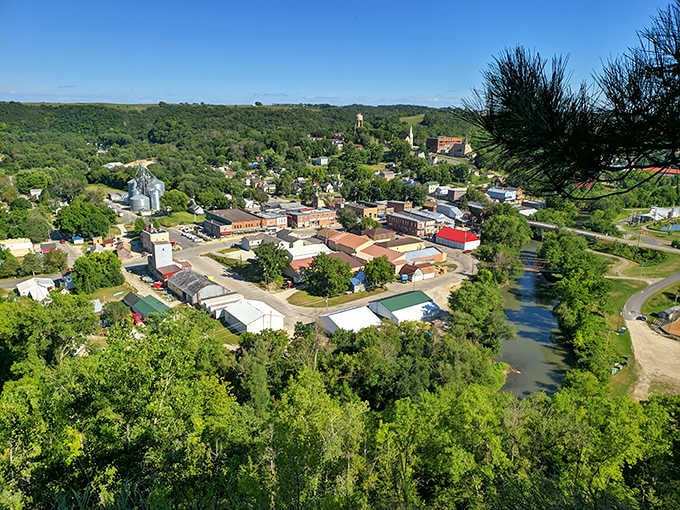 From above, Lanesboro looks like someone carefully arranged a postcard between those gorgeous green bluffs.