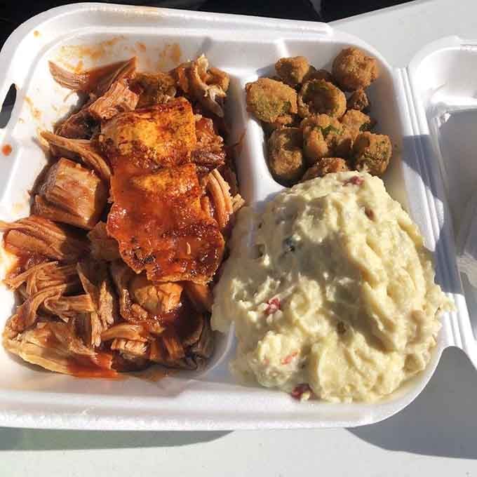 Pulled pork, fried okra, and potato salad walk into a styrofoam container&mdash;this isn't a joke, it's lunch.