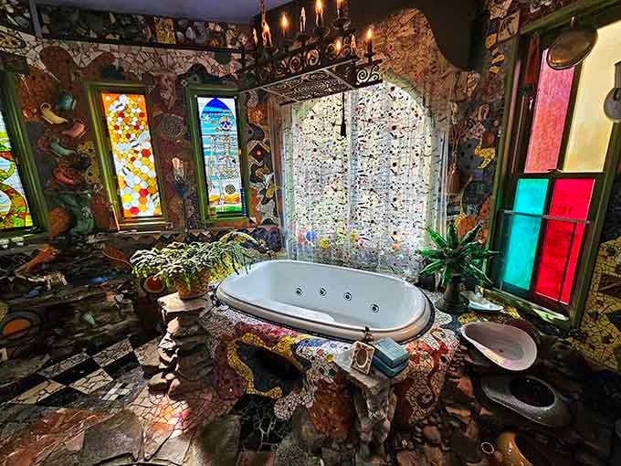 Even the bathroom is a mosaic masterpiece where taking a bath feels like bathing in a kaleidoscope.