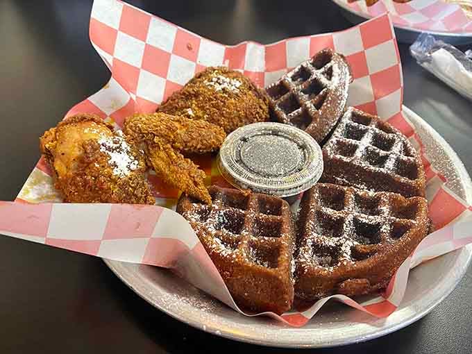 Chicken and waffles together create a harmony so perfect, it should probably be illegal in several states.