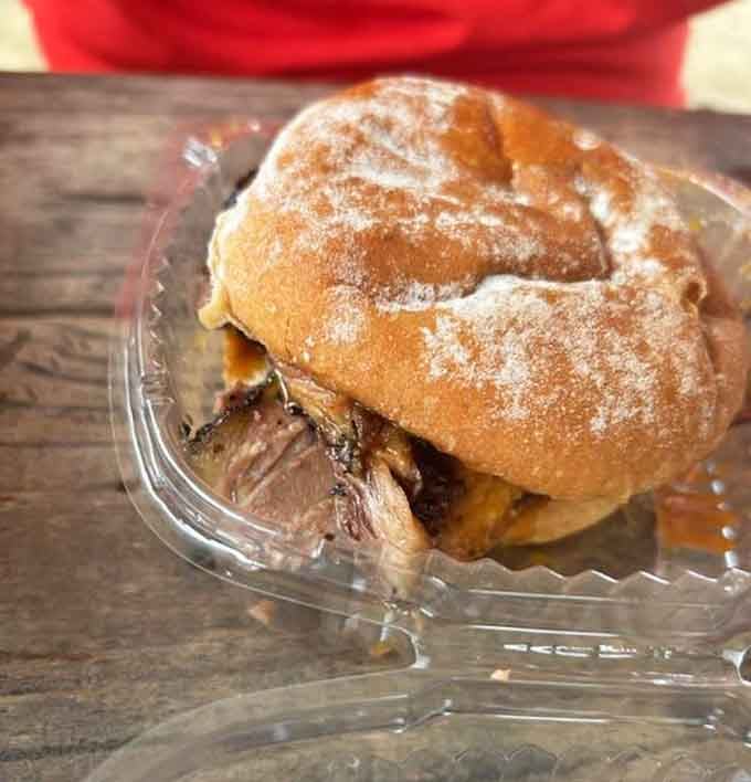That golden bun is working overtime to contain all that tender brisket and melted cheese, like a delicious dam holding back a river of flavor.