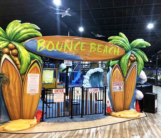 Bounce Beach brings the tropics indoors, complete with palm trees and zero chance of sunburn or sand in uncomfortable places.