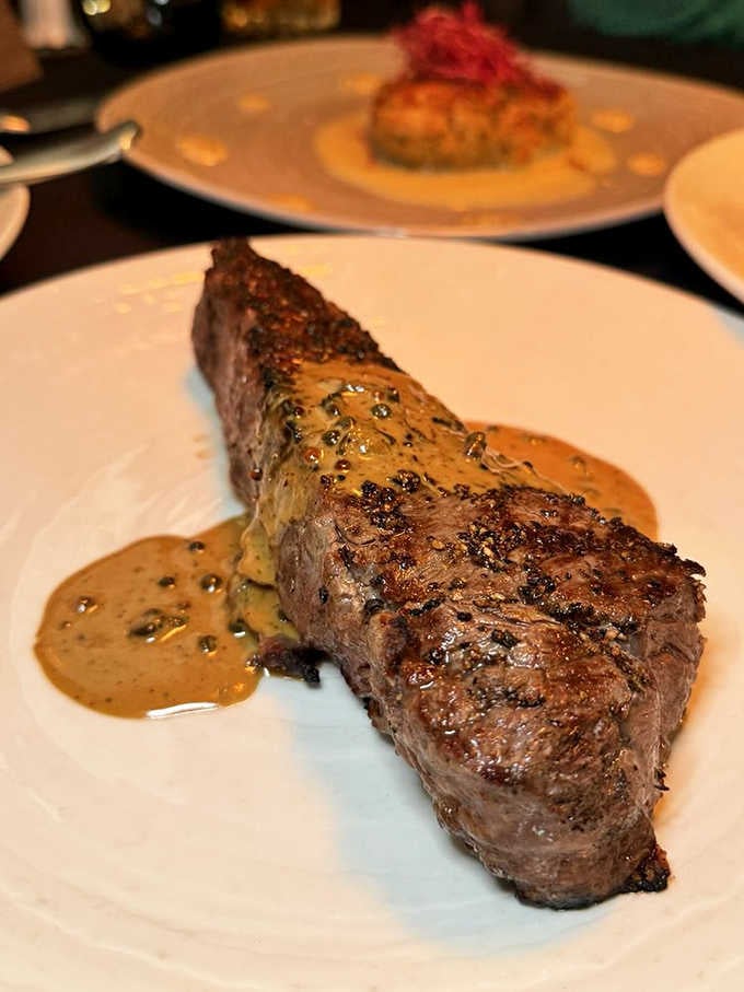 That beautifully seared strip steak with peppercorn sauce could make a vegetarian reconsider their life choices, just briefly.