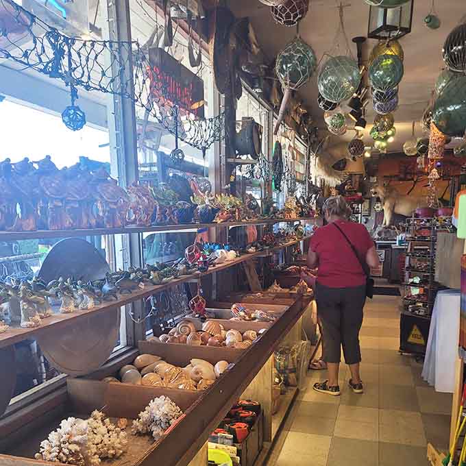 Glass fishing floats dangle overhead like oceanic chandeliers, creating an atmosphere that's part nautical, part fever dream.