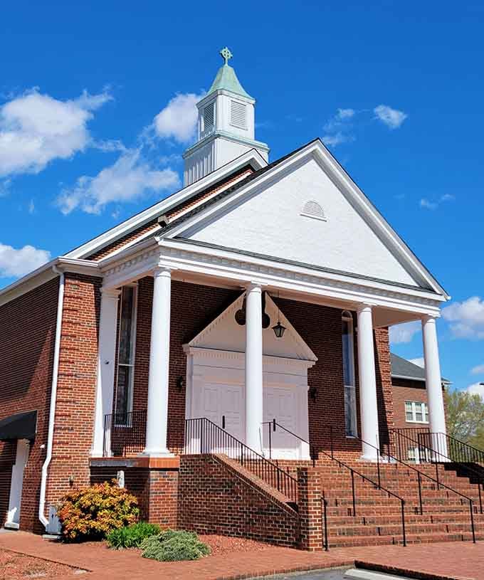 Classic Southern church architecture stands proud, a testament to community values that never go out of style.