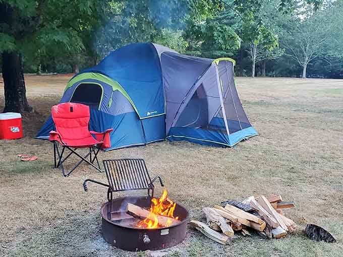 A campfire, a tent, and absolutely nowhere else you need to be. This is retirement done right.