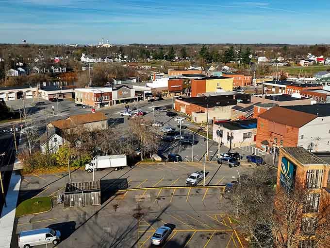 An aerial view reveals a town where parking spaces outnumber people fighting over them&mdash;imagine that luxury.