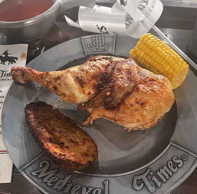 Your complete feast arrives on pewter, whole roasted chicken alongside corn and potato, silverware strictly forbidden here.
