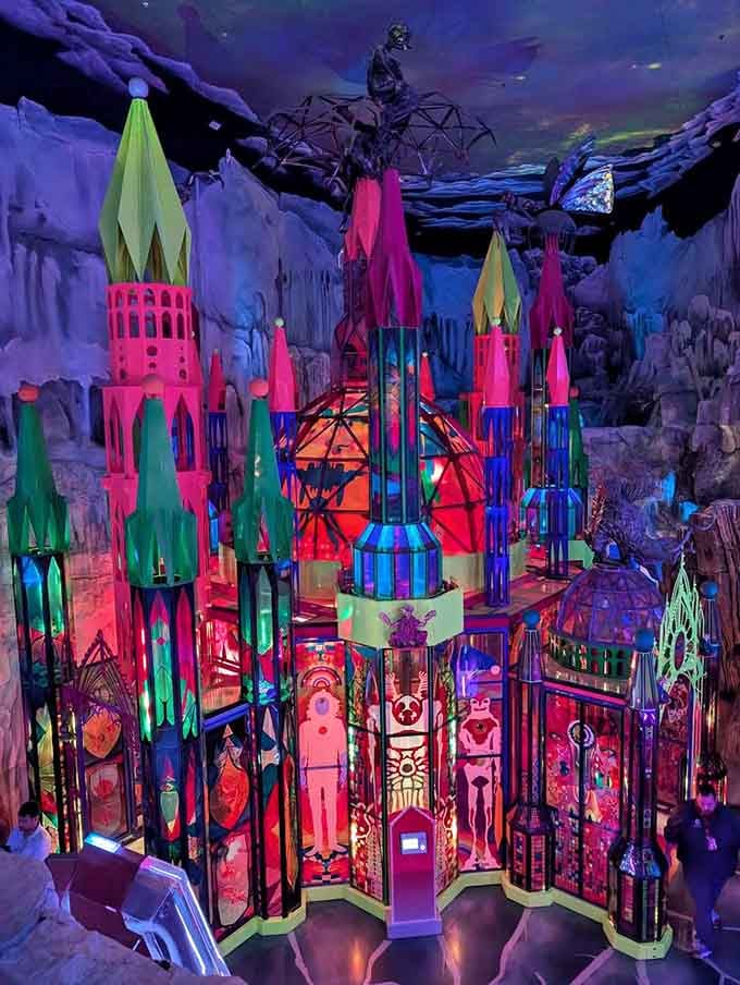 A stained glass castle that would make even the most jaded medieval architect weep with jealous admiration and confusion.