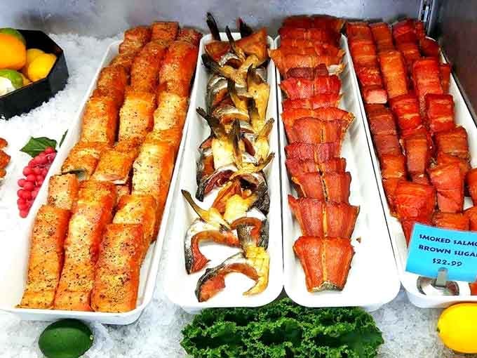 Smoked salmon displayed like edible treasure, because that's exactly what they are.