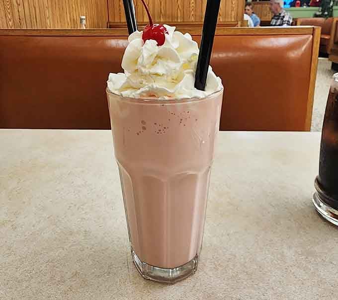 This strawberry shake topped with whipped cream and a cherry proves some classics never need updating or improving whatsoever.