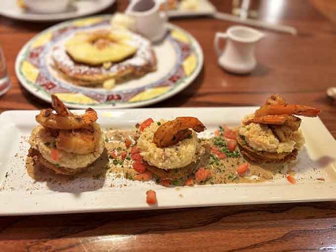 Shrimp and grits elevated to an art form, proving breakfast can be both elegant and satisfying.