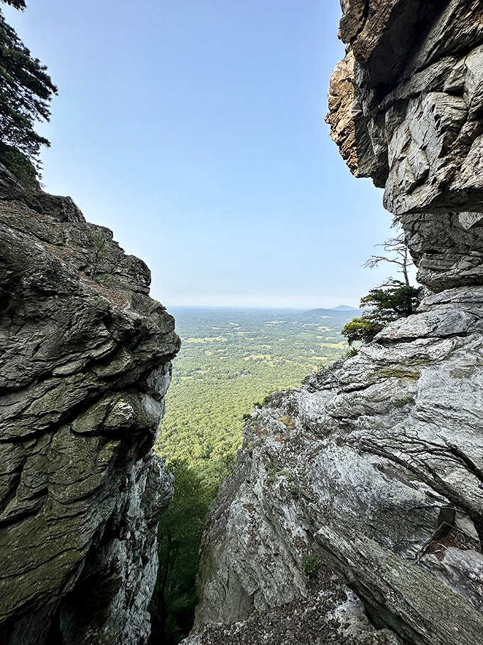 Sometimes the best views come framed by ancient rock, like nature's own picture window to the Piedmont below.