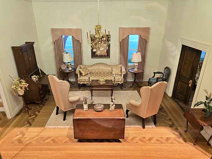 This elegant living room showcases furniture so perfectly detailed, you'll forget it's smaller than a breadbox.