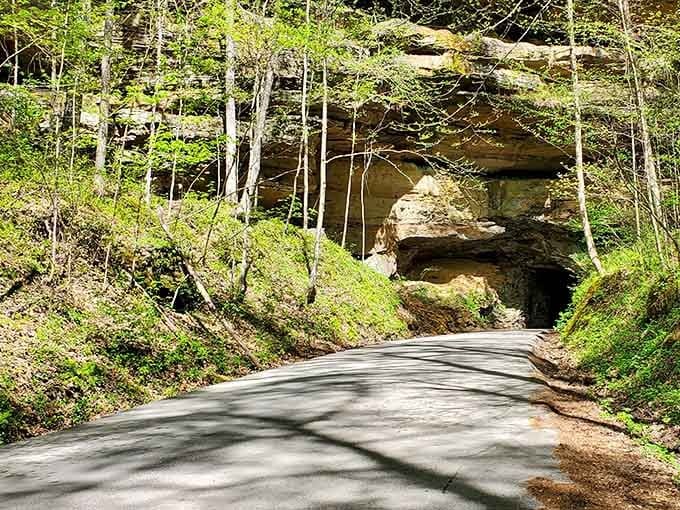 The approach that makes your heart skip a beat, where pavement meets mountain in the most dramatic way.