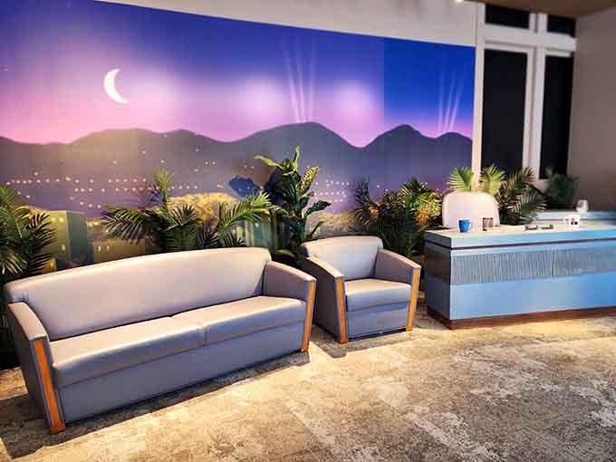 That Tonight Show-style set with palm trees and a crescent moon makes you want to grab a microphone and tell bad jokes.