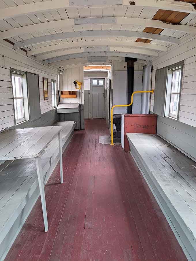 The interior proves that railroad workers knew how to maximize space better than any IKEA designer ever could.