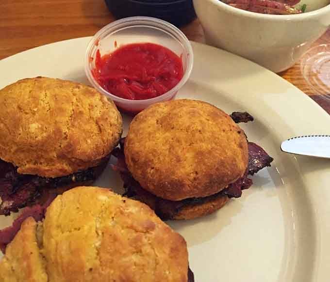 Golden biscuits meet savory pastrami in a breakfast mashup that shouldn't work but absolutely does beautifully.
