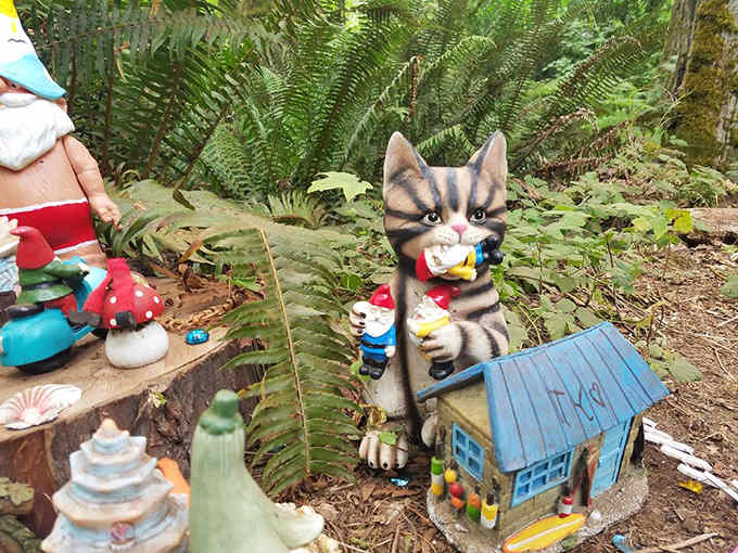 Even the local cats get in on the gnome action, complete with tiny houses that would make any feline jealous.