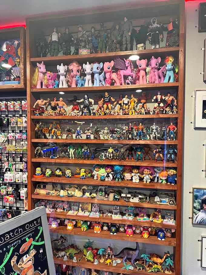 My Little Pony, action figures, and nostalgic toys create a collector's paradise on these well-stocked shelves.