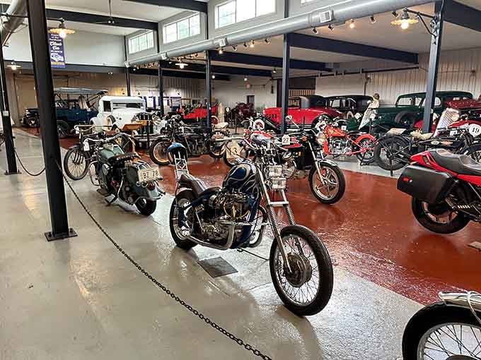 A lineup of vintage bikes that would make any Easy Rider jealous, chrome gleaming under lights like jewelry displays.