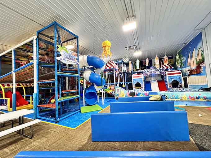 The whole facility sprawls out like an underwater kingdom, complete with jellyfish and surfboards hanging overhead.