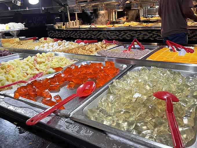 Jewel-toned jellos and puddings gleaming under the lights like something Willy Wonka would approve of wholeheartedly.