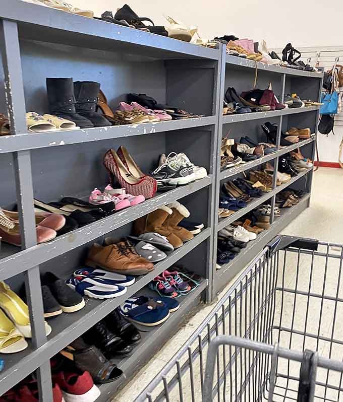 Shelves of shoes waiting for their second act, proving that great style doesn't require a trust fund.