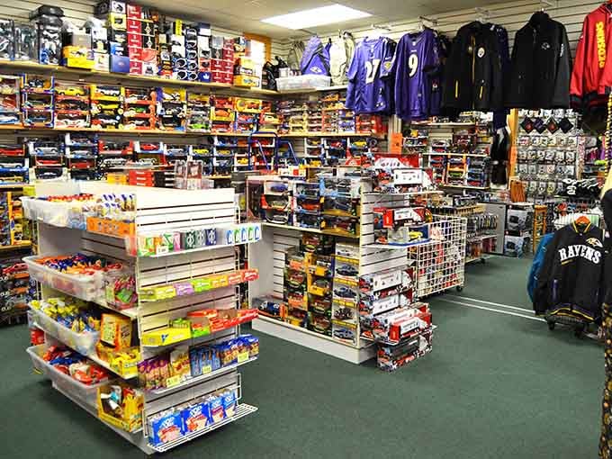 Stacks of fresh apparel and collectibles stretch as far as the eye can see in this merchandiser's dream.