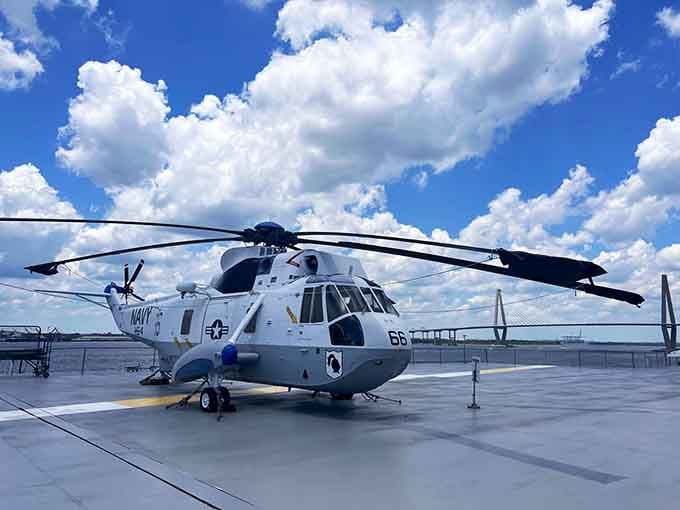 This Sea King helicopter once plucked sailors from ocean swells; now it rests peacefully above the harbor it once patrolled.