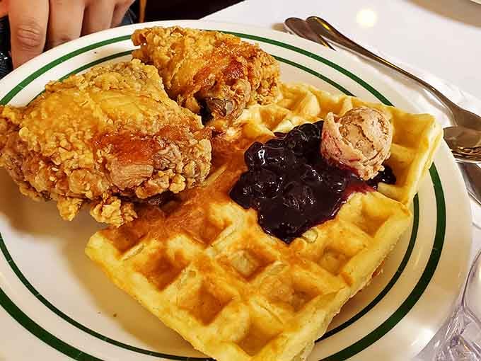 When chicken meets waffles with that glossy syrup drizzle, you're witnessing culinary harmony that rivals any symphony orchestra.