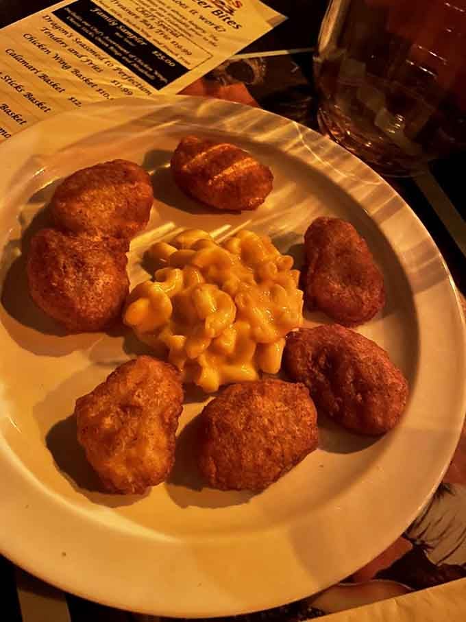 Golden nuggets surrounded by mac and cheese, the kind of comfort food that makes pirate life surprisingly appealing.
