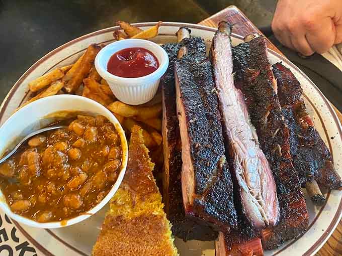 That bark on those ribs could win beauty contests, paired perfectly with mac and cheese and beans.