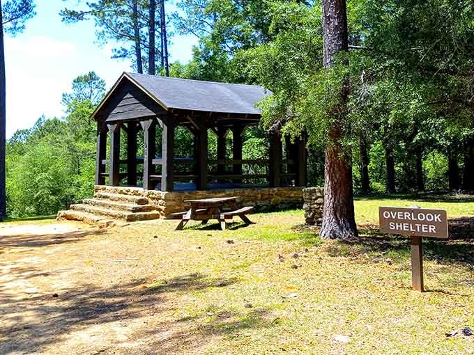 The overlook shelter offers panoramic views and shade, proving the CCC understood comfort as well as craftsmanship.