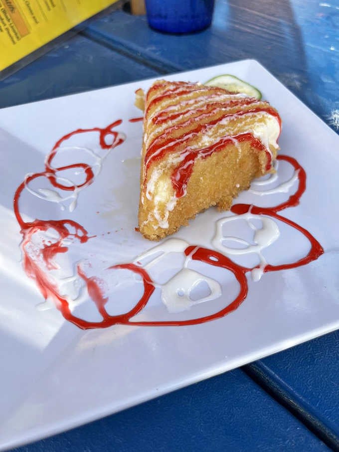 That golden crust hides cold, tangy filling inside, proving some culinary risks pay off spectacularly and deliciously.